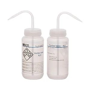 EISCO Wash Bottle for Distilled Water, 500ml - Labeled with Color Coded Chemical & Safety Information (2 Color) - Wide Mouth, Self Venting, Low Density Polyethylene Labs