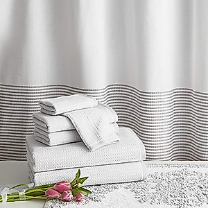 Peri Home Panama Stripe Boho Farmhouse Tassel Shower Curtain 100% Cotton Fabric Shower Curtain with Tassels for Bathroom Decor, 72 x 72 inches, Grey