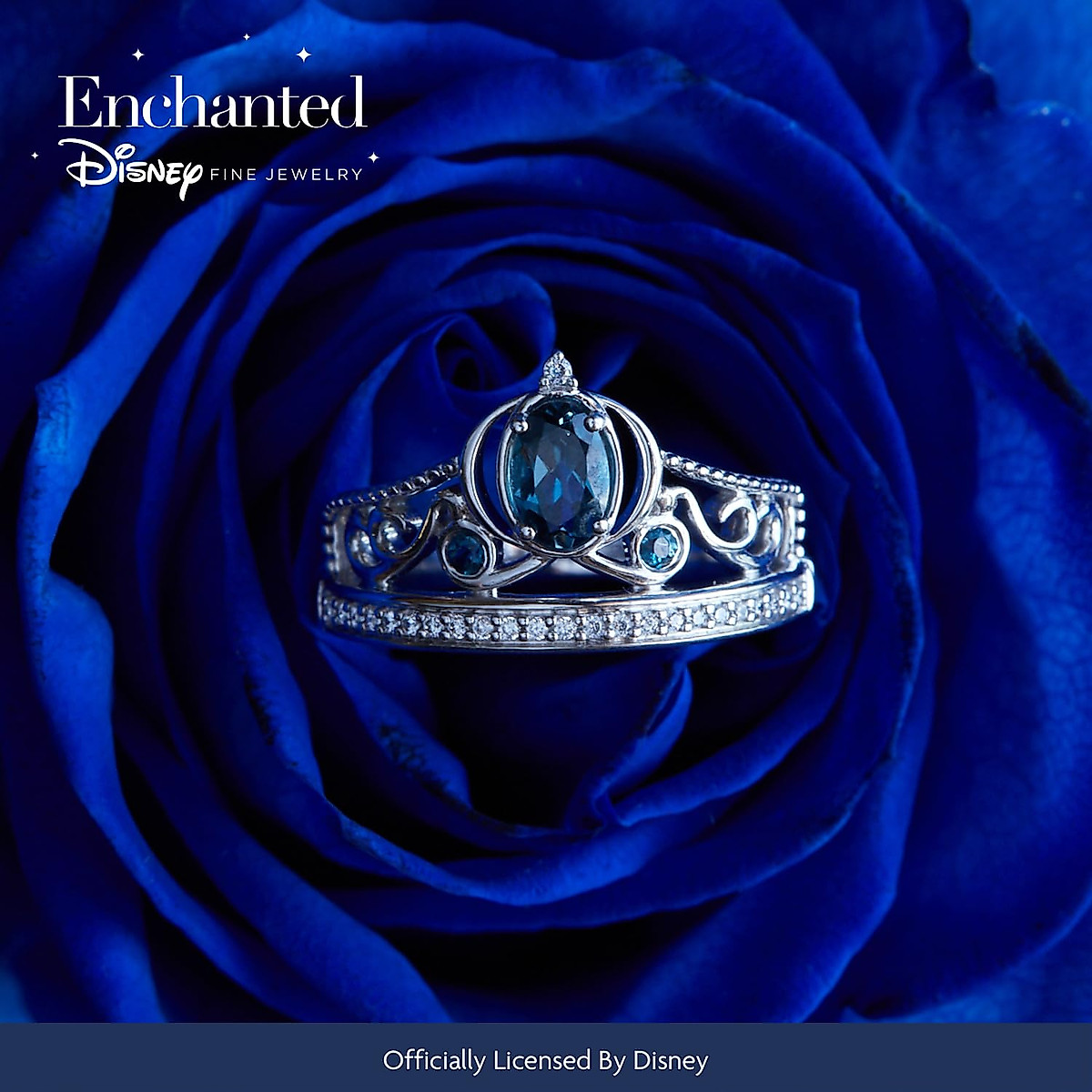 Jewelili Enchanted Disney Fine Jewelry Sterling Silver 6x4 MM London Blue Topaz with 1/10 Cttw Diamonds Cinderella Carriage Tiara Ring Size 8