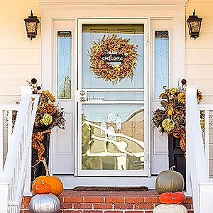 Sggvecsy Artificial Fall Wreath 22’’ Autumn Front Door Wreath Harvest Wreath with Orange Daisy Ear of Wheat Mixed Flowers and Leaves for Outside Indoor Wall Window Festival Thanksgiving Autumn Decor
