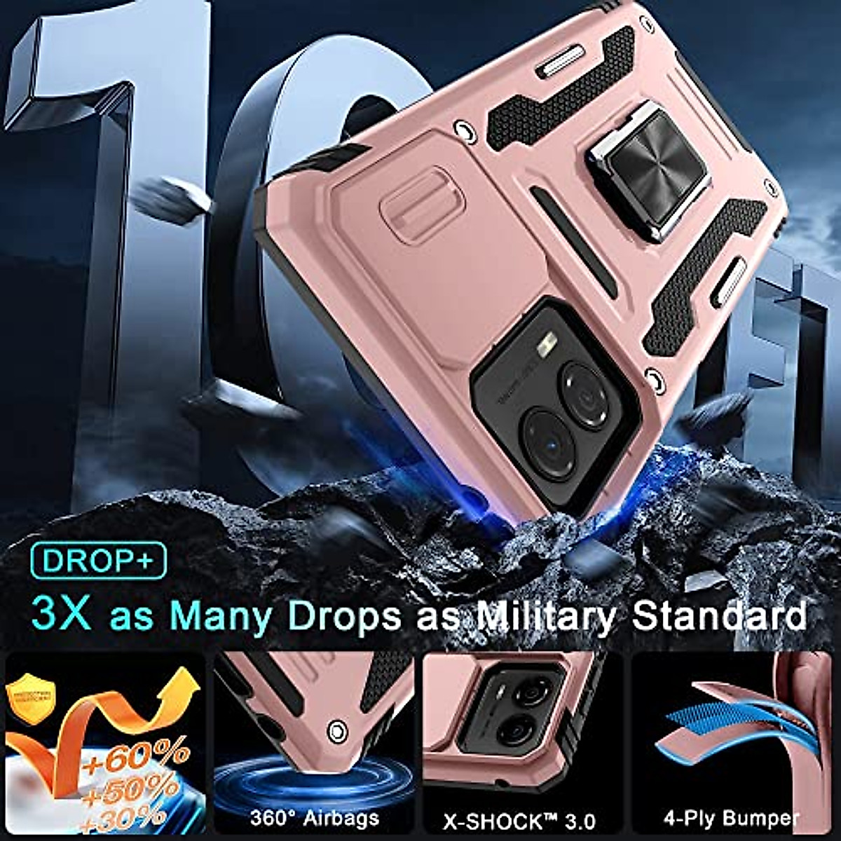 DEERLAMN Case Compatible with Moto G 5G 2023 with Slide Camera Cover+Screen Protector(1 Pack),Rotated Ring Kickstand Military Grade Shockproof Protective Cover-Rose Gold