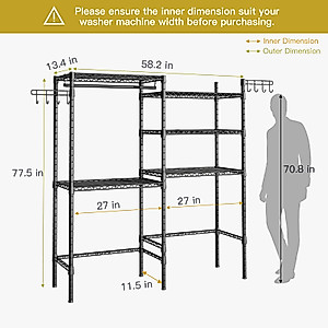Ulif U5 Over the Washer and Dryer Storage Shelf, Laundry Room Space Saver Bathroom Storage and Organizer Rack for Hanging Towels and Drying Clothes with 5 Wire Shelves, 58.2"W x 13.4"D x 77.5"H, Black