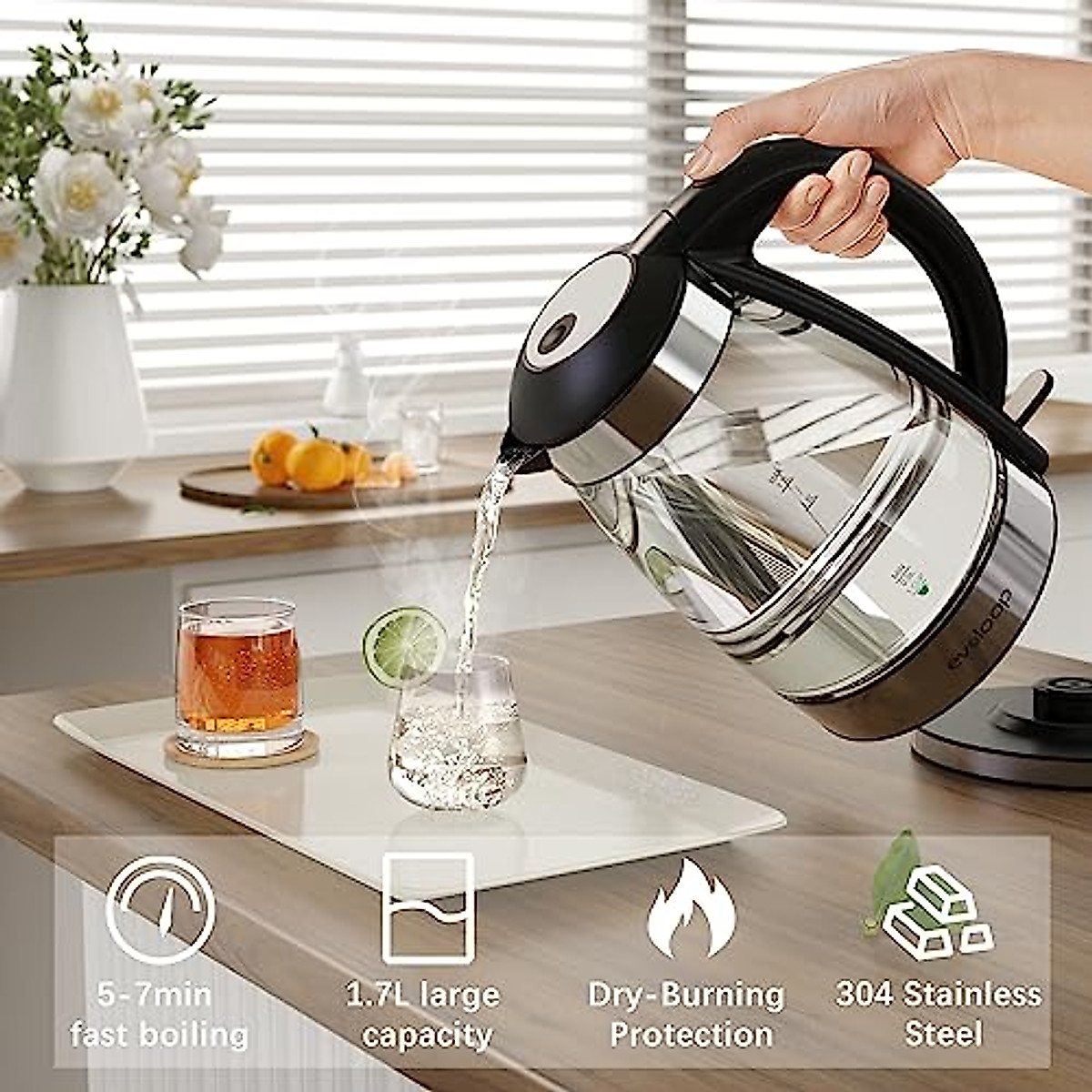 Evoloop Electric Tea Kettle 1.7L Hot Water Boiler, 1500W Glass Water Kettle with Auto Shut-Off & Boil Dry Protection, BPA Free, Cordless Base & LED Indicator