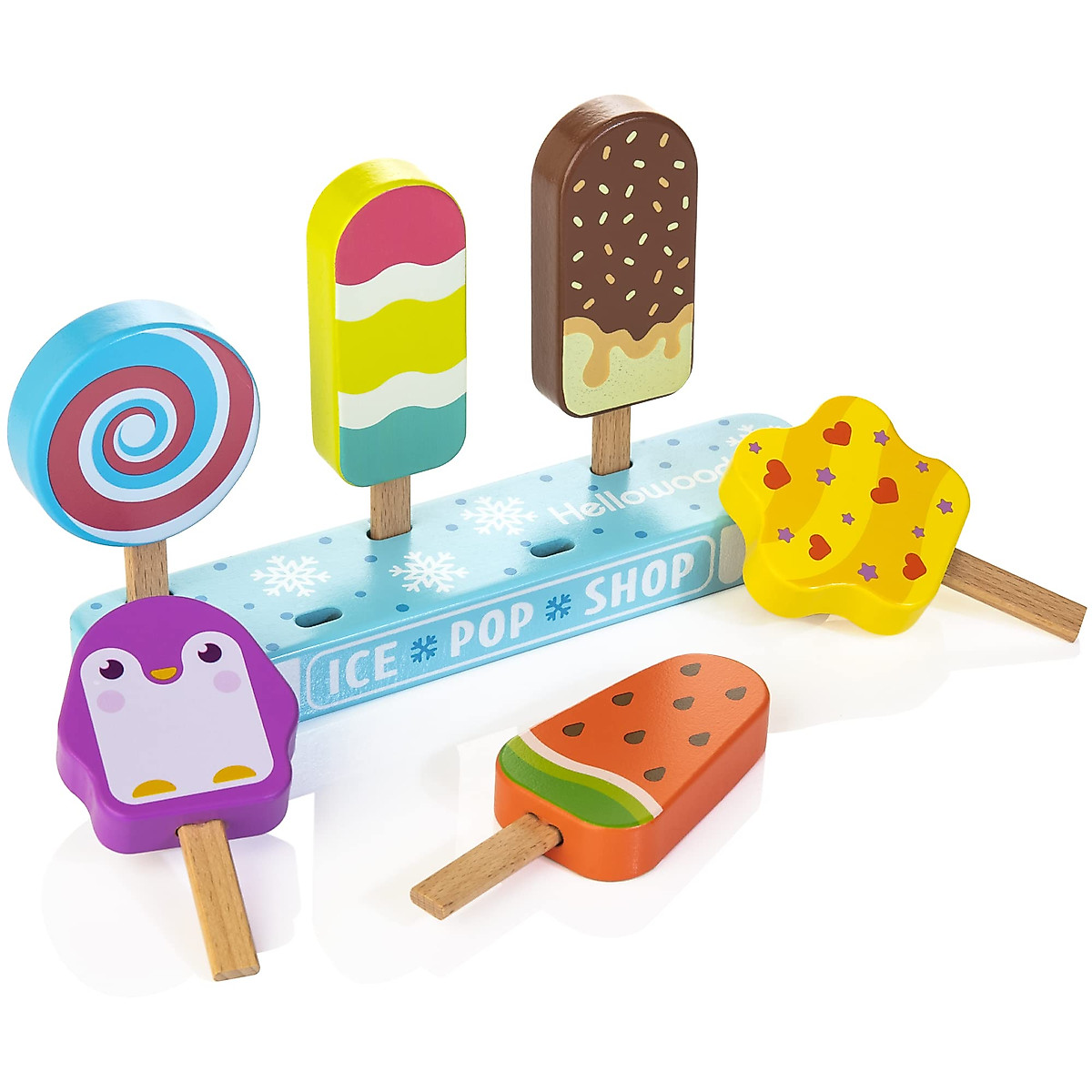 HELLOWOOD Wooden Ice Cream Truck Bundlle with Wooden Lolly Pop Shop, Pretend Play Food Toy