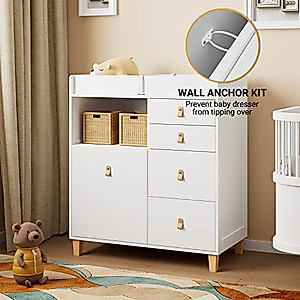 Timechee Baby Changing Table Dresser, 33.5" Baby Nursery Dresser with Drawers & Shelf, Wooden Storage Dresser Chest w/Changing Station for Infant Kids Bedroom, White