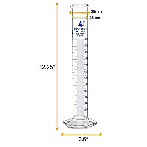 EISCO Graduated Cylinder, 250ml - Class A Tolerance ±1.00ml - Hexagonal Base - Blue Graduations - Borosilicate 3.3 Glass