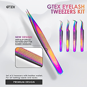 GTEX Lash Tweezers For Eyelash Extensions Tweezers, Circle Grip - Japanese Steel - Professional Eyelash Tweezers For Extensions, 5 Pack - Silver