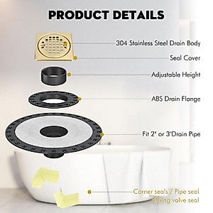 4” Drain Grate Kit - Compatible with Schluter Kerdi Shower Drain - Square Shower Floor Drain Kit with Flange - SUS 304 Stainless Steel Grate & 2 Inch ABS Flange & CUPC Certification - Brushed Brass
