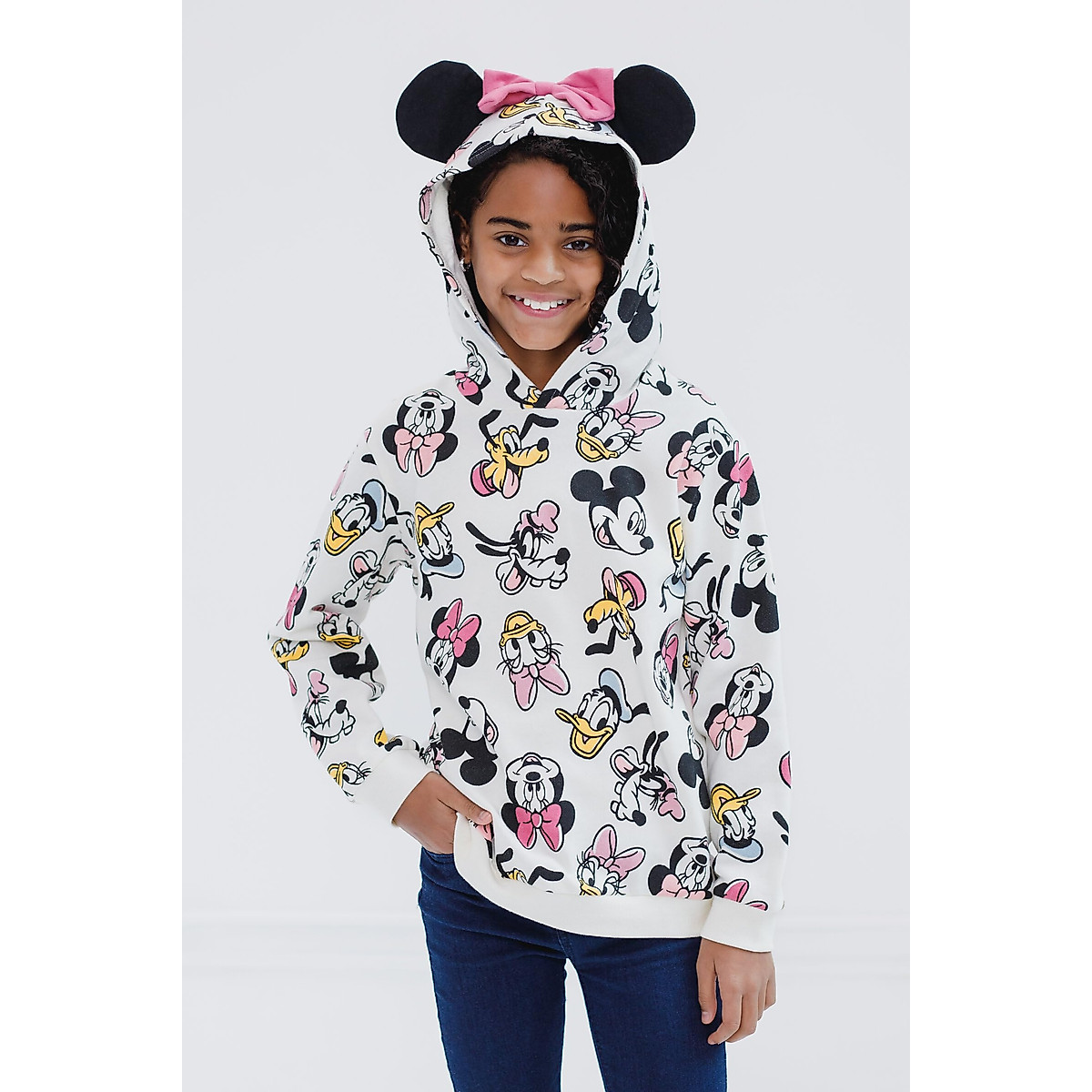 Disney Minnie Mouse Little Girls Fleece Pullover Hoodie White/Bow 7-8