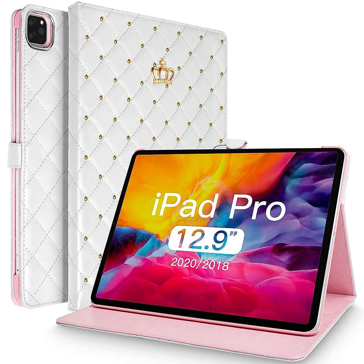 Topwin Cute Crown Case for iPad Pro 12.9-inch (6th & 5th Gen), Bling Diamond PU Leather Smart Auto Sleep/Wake Kickstand Shockproof Flip Case for 12.9 Pro (White)