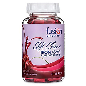Fusion Lifestyle Iron Supplement for Women and Men, Cherry Flavored Iron Soft Chew Plus Vitamin C for Iron Deficiency and Anemia, 2 Month Supply, 60 Count
