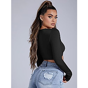 SheIn Women's Long Sleeve Crop Top Notch Neck Solid Twist Front Tee Shirt Black S