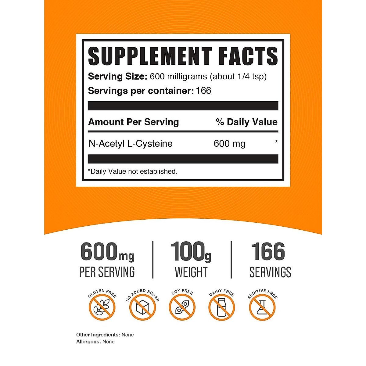 BulkSupplements.com NAC Powder - N-Acetyl Cysteine 600mg, NAC Supplement - Antioxidant Support, Gluten Free - 600mg per Serving, 166 Servings, 100g (3.5 oz) (Pack of 1)