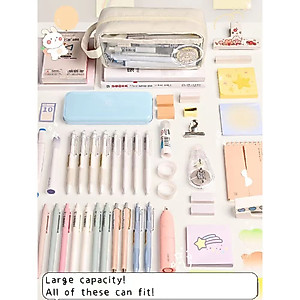 Clear Pencil Pouch Aesthetic School Supplies Large Cute Pencil Case for Girls Preppy Pencil Case Aesthetic (Beige,with Clip & Sticky Note)