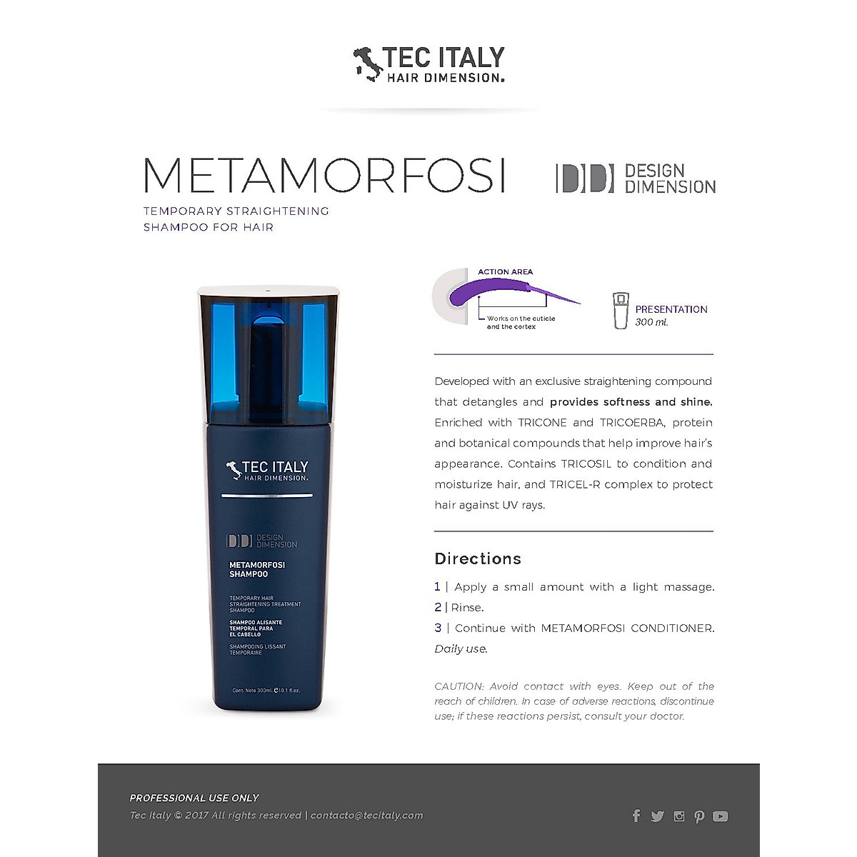 Tec Italy Straightening Pack: Metamorfosi Shampoo, Conditioner, Leave in Treatment - 30.3 Fl Oz, Paraben Free, For Curly Hair, Citrus Scent - Set of 4 by Tec Italy
