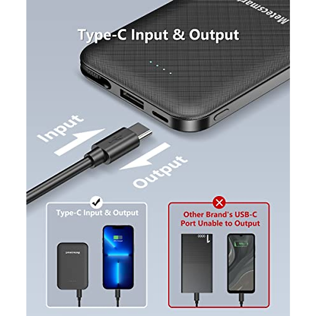 Metecsmart 4500mAh Small Portable Phone Charger, Mini Power Bank Fast Charging, Three Output Type C Input External Battery Pack, Built in a Cable Compatible with iPhone and iPad