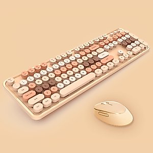 2.4G Full-Size Wireless Keyboard and Mouse Combo, Multi-Color Typewriter Style Round Keycap, Cute Candy Colors, Compatible with Notebook, PC (104 Keys,Milk Tea)