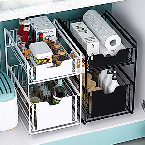 poplarbox Metal Basket Organizer 2 Tier Sliding Basket Organizer Drawer Under Sink Cabinet Storage Organizer Drawer Storage Shelf Spice Rack for Kitchen Countertop Pantry Bathroom Office Desktop