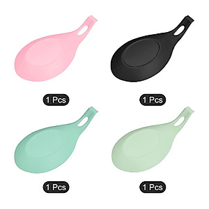 uxcell Silicone Spoon Rest, 7.68" x 3.74" Heat Resistant Kitchen Utensil Holder Spatula Ladle Rest for Counter Stove Top, Black/Pink/Turquoise/Light Green 1Set