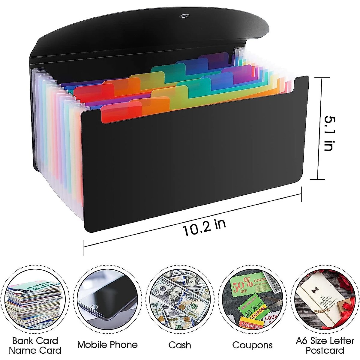 Expanding File Folder with Labels, 13 Pocket Accordion Document, Portable Accordion Filing Folder for Letter A4 Paper Document, Papers Letter Size, Black