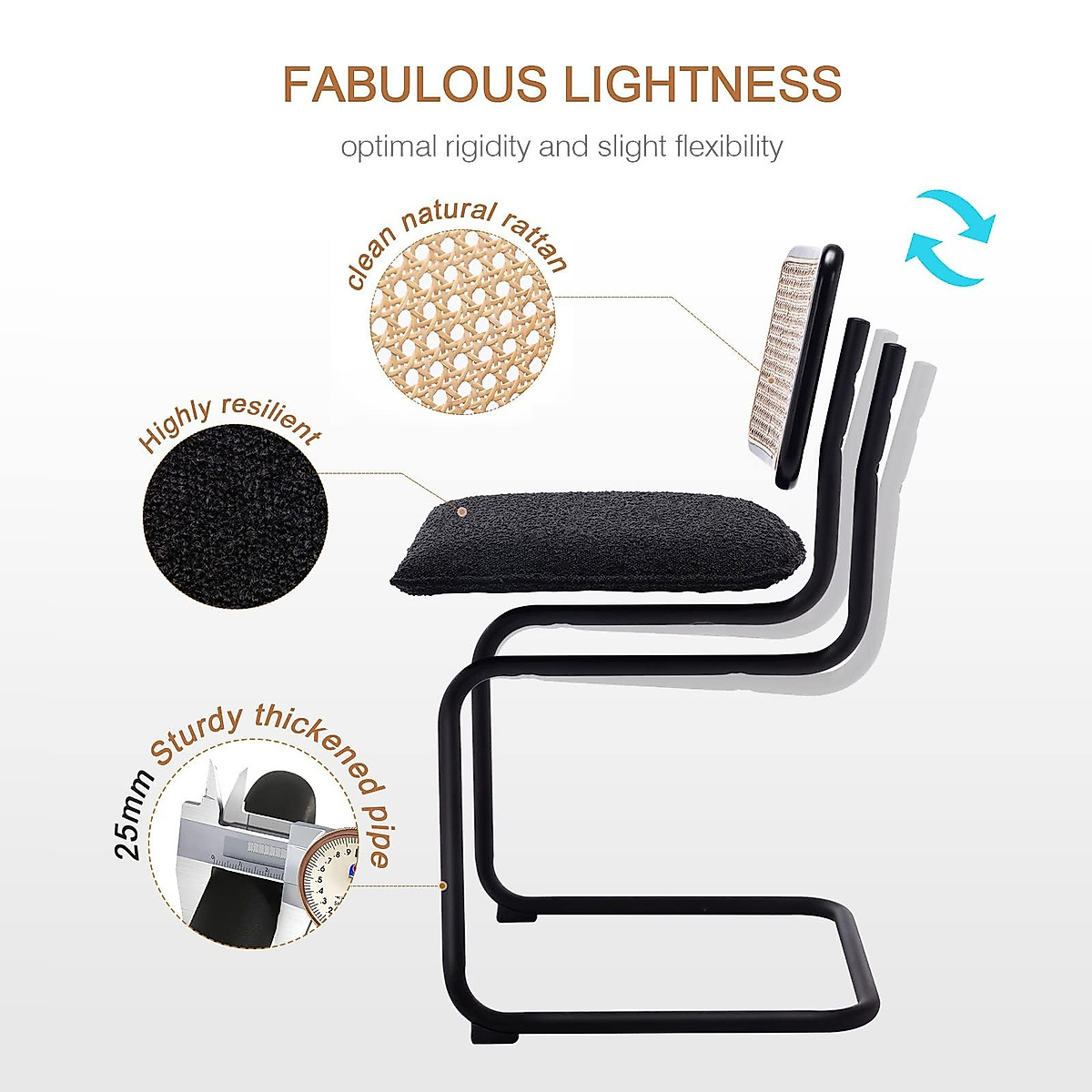 Zesthouse Natural Rattan Dining Chairs Set of 2, Modern Kitchen Chairs with Solid Wood Back for Dining Room Living Room, Mid Century Breuer Design Inspired, Upholstered Boule Fabric, Black