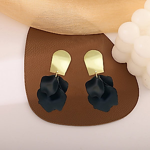 Just Follow Rose Petal Dangle Earrings Fashion Boho Acrylic Flower Earrings Large Statement Resin Floral Earrings for Women Lady Bridal Great for Pageant Prom Gifts With Gift Box (Black)