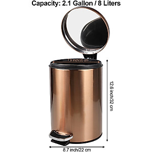 FozsKeylf Soft Close Trash Can, 8 Liter / 2.1 Gallon Step Trash Can with Lid, Hands-Free Kitchen/Bathroom Stainless Steel Garbage Can with Removable Liner Bucket and Handle, Golden