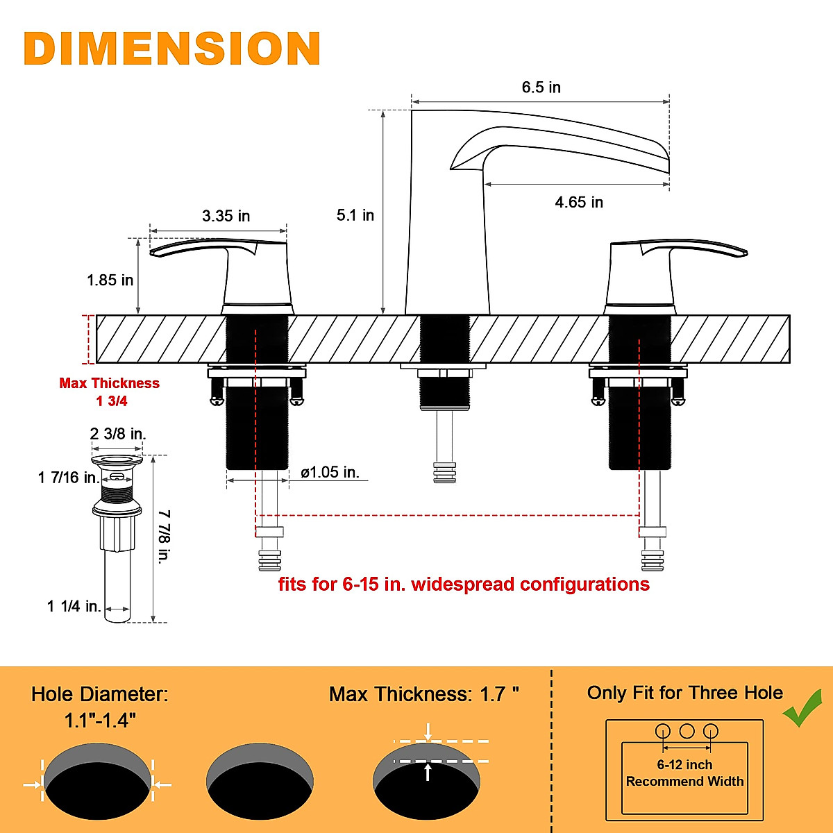 TIORIY Black Bathroom Faucets for 3 Holes Sink - 2-Handle Bathroom Sink Faucet with Drain for Sink 3 Hole, Waterfall Bathroom Faucet with Pop Up Sink Drain Stopper, Black Washbasin Faucet