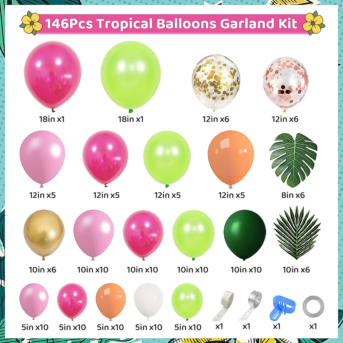 146Pcs Tropical Balloons Garland Arch Kit, Hawaiian Luau Tropical Aloha Flamingo Party Decorations Hot Pink Fruit Green Rose Gold Confetti Balloons Palm Leaves Birthday Baby Shower Wedding Supplies