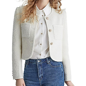 URBAN REVIVO Womens Tweed Blazers Jacket Cropped Long Sleeve Casual Suits Button Down Outwear with Pocket for Work White, X-Small