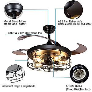 DLLT Ceiling Fan with Lights-42 Industrial Ceiling Fan with Retractable Blades, Vintage Cage Ceiling Light Fixture with Remote for Dining Room, Living Room, 5 E26 Bulbs Not Included, Black