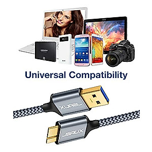 JSAUX [3.3FT+6.6FT] Micro USB 3.0 Cable, USB A Male to Micro B Cable 2 Pack External Hard Drive Cable Nylon Braided Cord for Samsung S5/Note 3, Camera, Toshiba, Seagate Hard Drive, WD Hard Drive-Grey