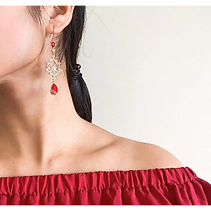 MOMOCAT 18K Gold Plated Flowers Red Ruby Dangle Hook Earrings for Women Western Chandelier Teardrop Christmas Fringe Statement Tassel Earrings for Women Dangling Vintage Jewelry