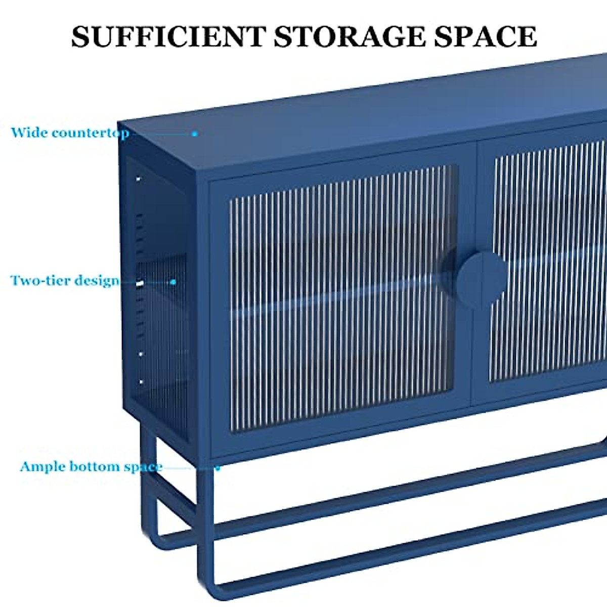 Double Glass Door Storage Cabinet, Retro Style Sideboard Buffet Cabinet with U-Shaped Leg Cold-Rolled Steel Cupboard Console Table with Adjustable Shelf for Living Room Dining Room Kitchen, Blue