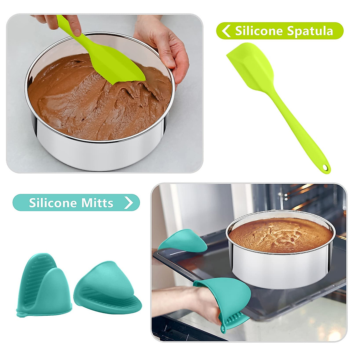 TeamFar Cake Pan, 2 Pcs 8x3 Inch Round Cake Pan, Stainless Steel Deep Layer Cake Pans with 60 Pcs Parchment Papers, 3 Pcs Cake Smoother Scrapers & Silicone Spatula & Mitts, Healthy & Practical