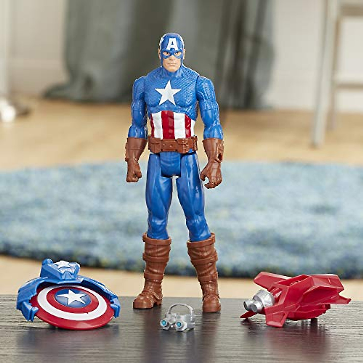 Avengers Marvel Titan Hero Series Blast Gear Captain America, 12-Inch Toy, with Launcher, 2 Accessories and Projectile, Ages 4 and Up , Blue