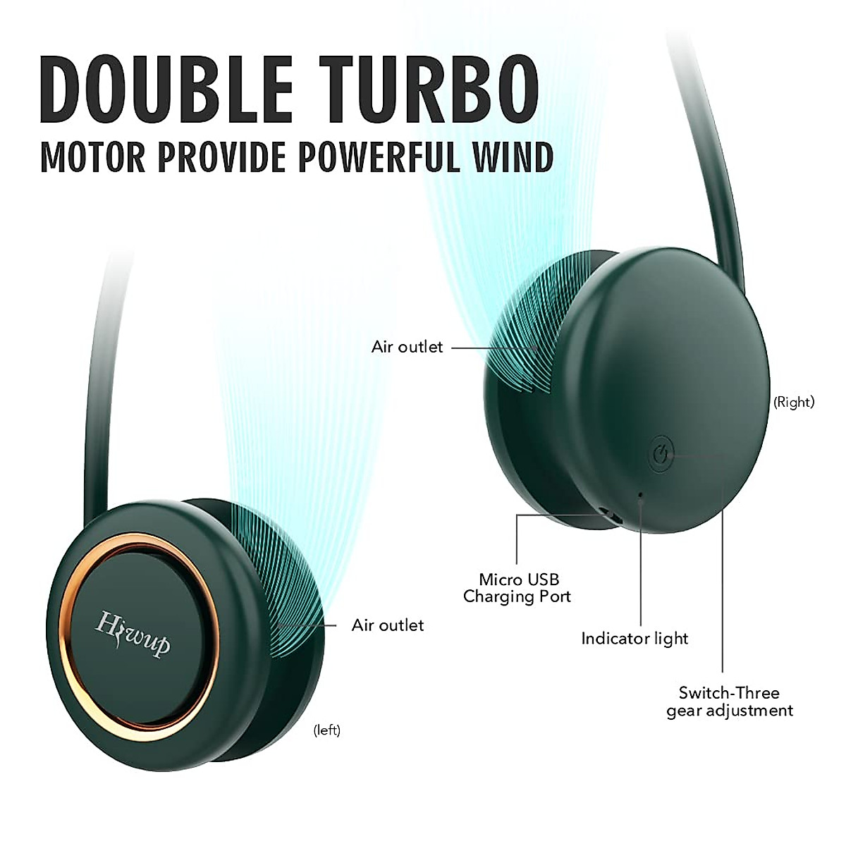 HIWUP 3000mAh Bladeless Neck Fan,Hands Free Portable Fan,Portable Fan 3 Speeds Strong Wind 360° Adjustable High Flexibility Wearable for Office Travel Outdoor (Army green)