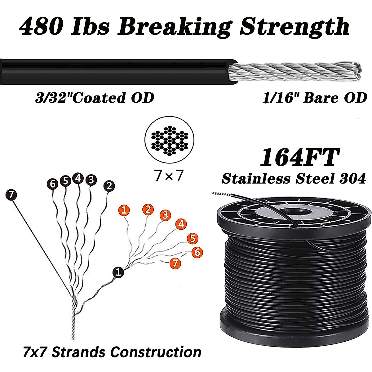BRISBONN Outdoor String Light Hanging Kit - 164FT Black Vinyl-Coated Stainless Steel 304 Wire Rope with Turnbuckles & Hooks, Globe Lights Suspension Kit for Patio, Backyard, Garden - Easy Installation
