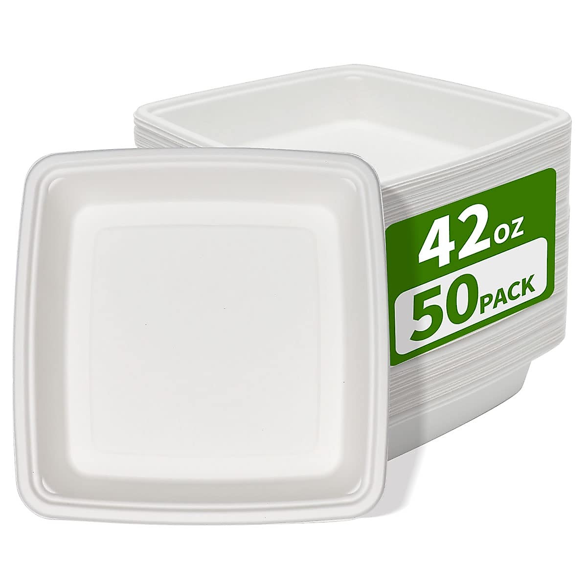 AICHEF 50 Pack 42 oz Compostable Deep Dish Plates, Extra Large Deep Square Disposable Food Trays for Seafood BBQ Large Salad - 9x9x1.7 inch