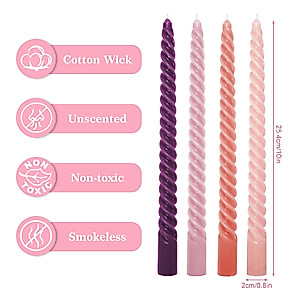 Whaline 8Pcs 10 Inch Pink Purple Gradient Color Spiral Taper Candles Dripless Twisted Wax Candles Long Unscented Candle Sticks for Wedding Displays Home Dining Table Supplies