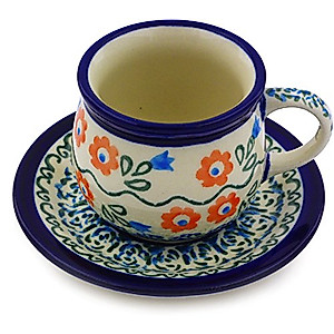 Polish Pottery Espresso Cup with Saucer 3 oz (Tulip Vines Theme)