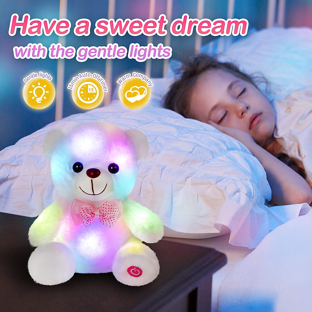 BSTAOFY Light up Mother's Day White Teddy Bear LED Stuffed Animal Soft Nightlight Glow Bear Plush Toy Gifts for Kids Mom Girls Valentine's Day Birthday Christmas, 8"