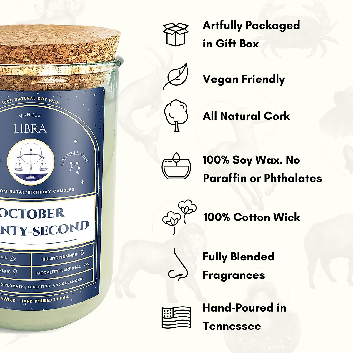 Birthday Candles - Custom Birthdate Astrological Zodiac Scented Candles. Astrology Gifts. All Natural Soy Wax. 75+ Hour Burn Time. Made in USA - October 24