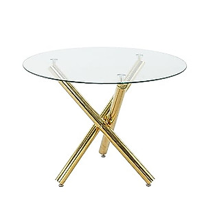 Round Glass Dining Room Table for 2 to 4 Person Modern Tempered Glass Top, Sturdy Chrome Legs, Adjustable Foot Pads, Kitchen Table for Living Room, Dining Room, Tea, Home, 39.37 Inch, Golden Base