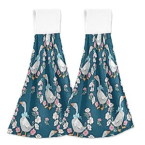 xigua 2 pcs Hanging Kitchen Towel Cute Goose and Flowers Hand Towel Absorbent Hanging Tie Towels for Bathroom Laundry Room Kitchen 12 x 17 Inches