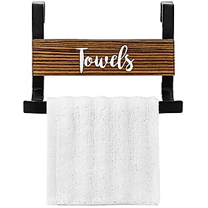 MyGift Black Metal Over The Cabinet Kitchen Towel Holder Dishrag Drying Rack with Rustic Solid Burnt Wood White Cursive Towels Design Sign