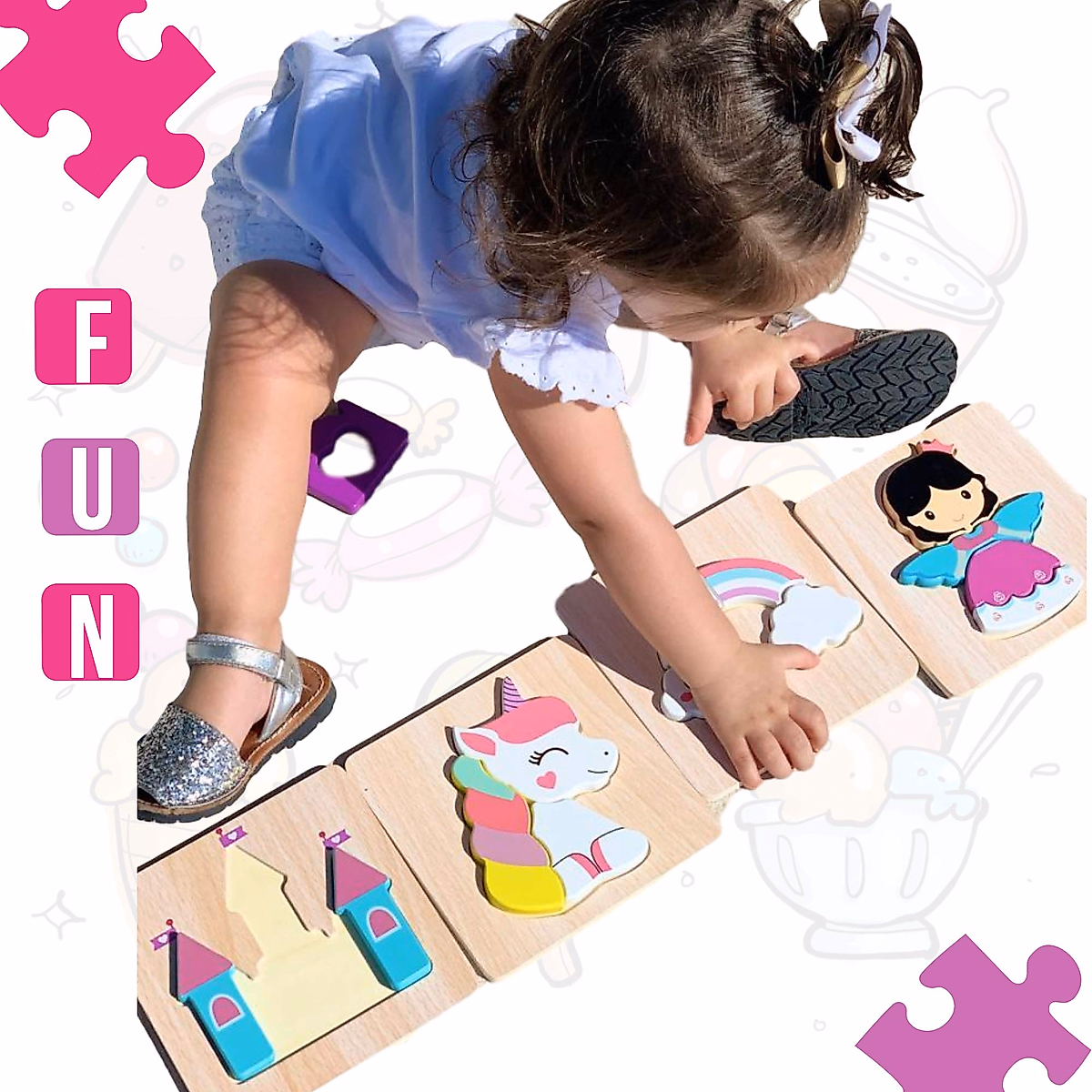 Princess Jigsaw Puzzle and Wand Set - Storage Bag Included - Rainbow, Unicorn and Castle Set - Puzzle for Toddlers 1-3