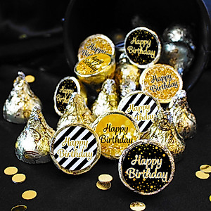 Happy Birthday Party Favor Labels Chocolate Kisses Candy Stickers - Black and Gold - 0.75 in. Round - 180 Stickers