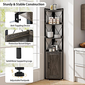 Tangkula Tall Corner Storage Cabinet, 71” Industrial 6 Tier Storage Shelf w/Door Cabinet, Corner Bookshelf Plant Stand, X-Shaped Metal Frame Standing Cabinet for Living Room, Small Spaces (Grey)