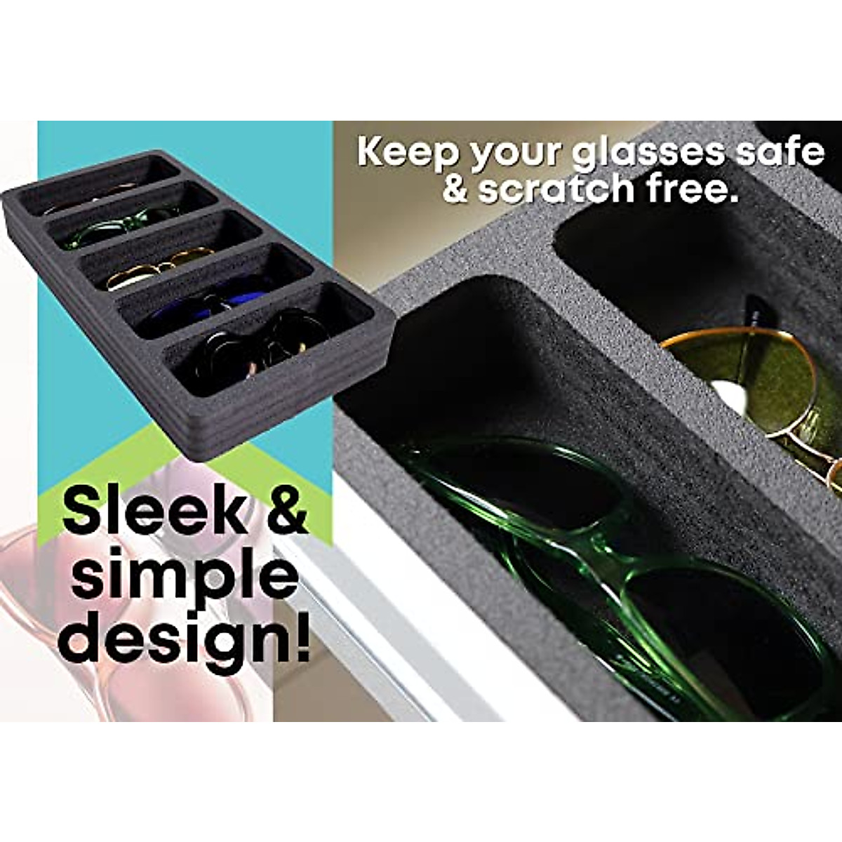Polar Whale Sunglasses Drawer Organizer Tray Insert for Home Bedroom Bathroom Vanity Dresser Counter Table Waterproof Washable Black Foam 5 Compartment 8.25 x 15.5 Inches